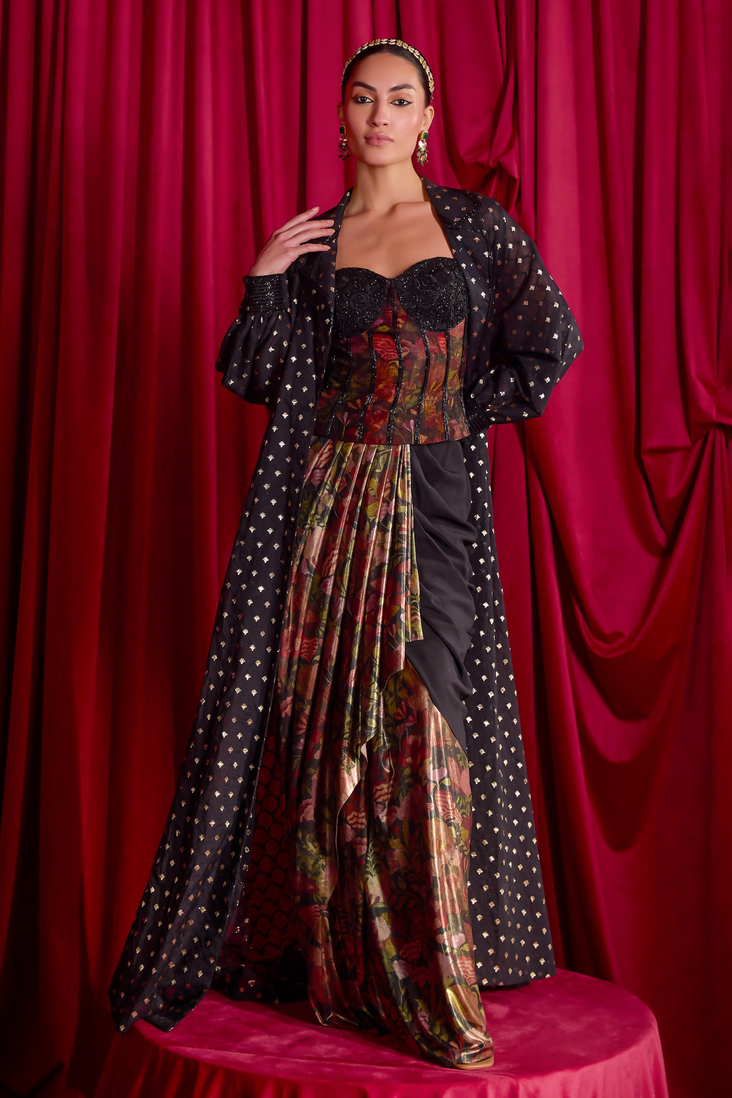 Buy Black Bustier - Organza Print Floral Embellished Long And Skirt Set ...