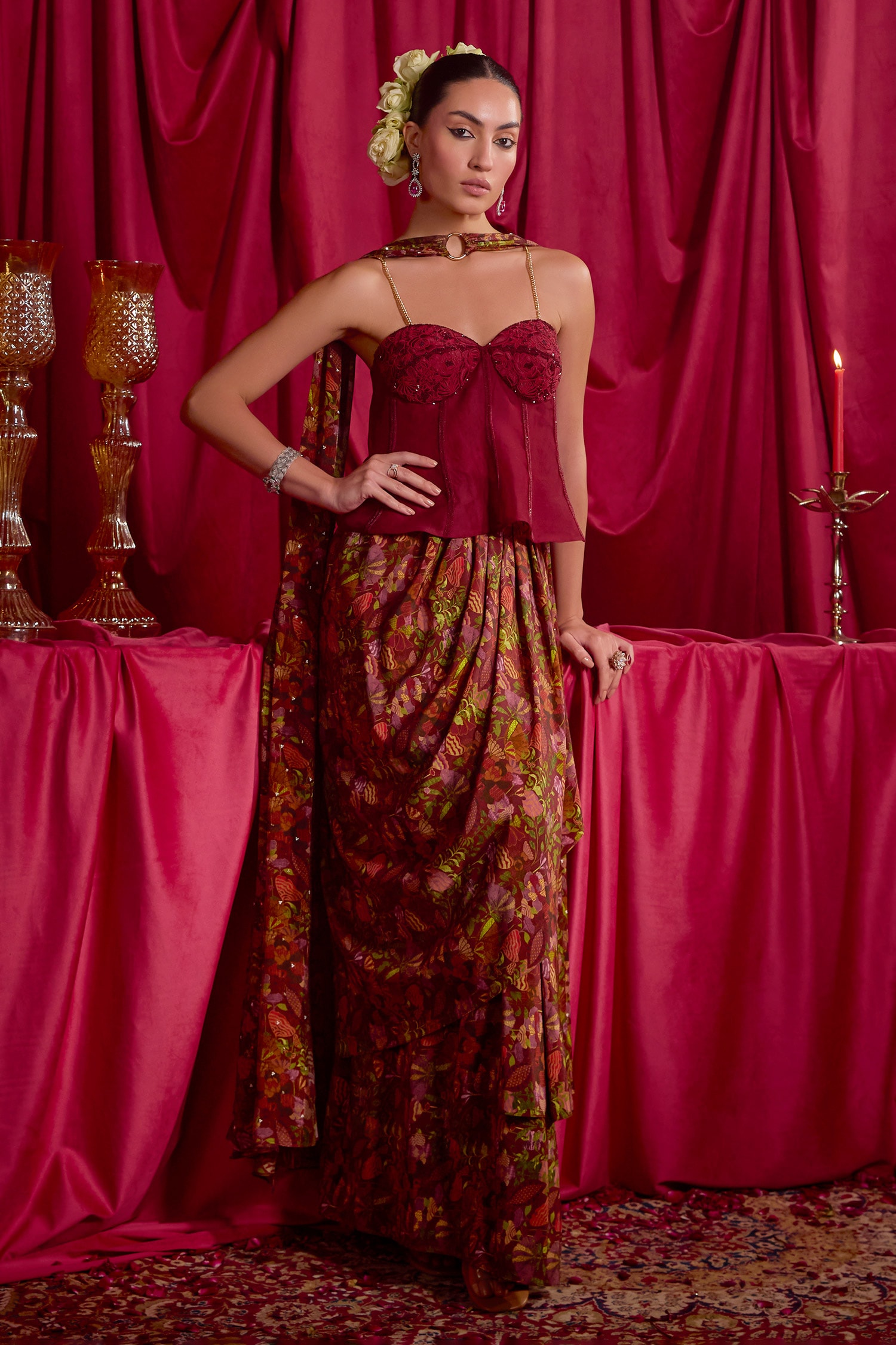 Buy Maroon Peplum Top And Dupatta Chinnon Printed Aamaya Skirt Set For ...