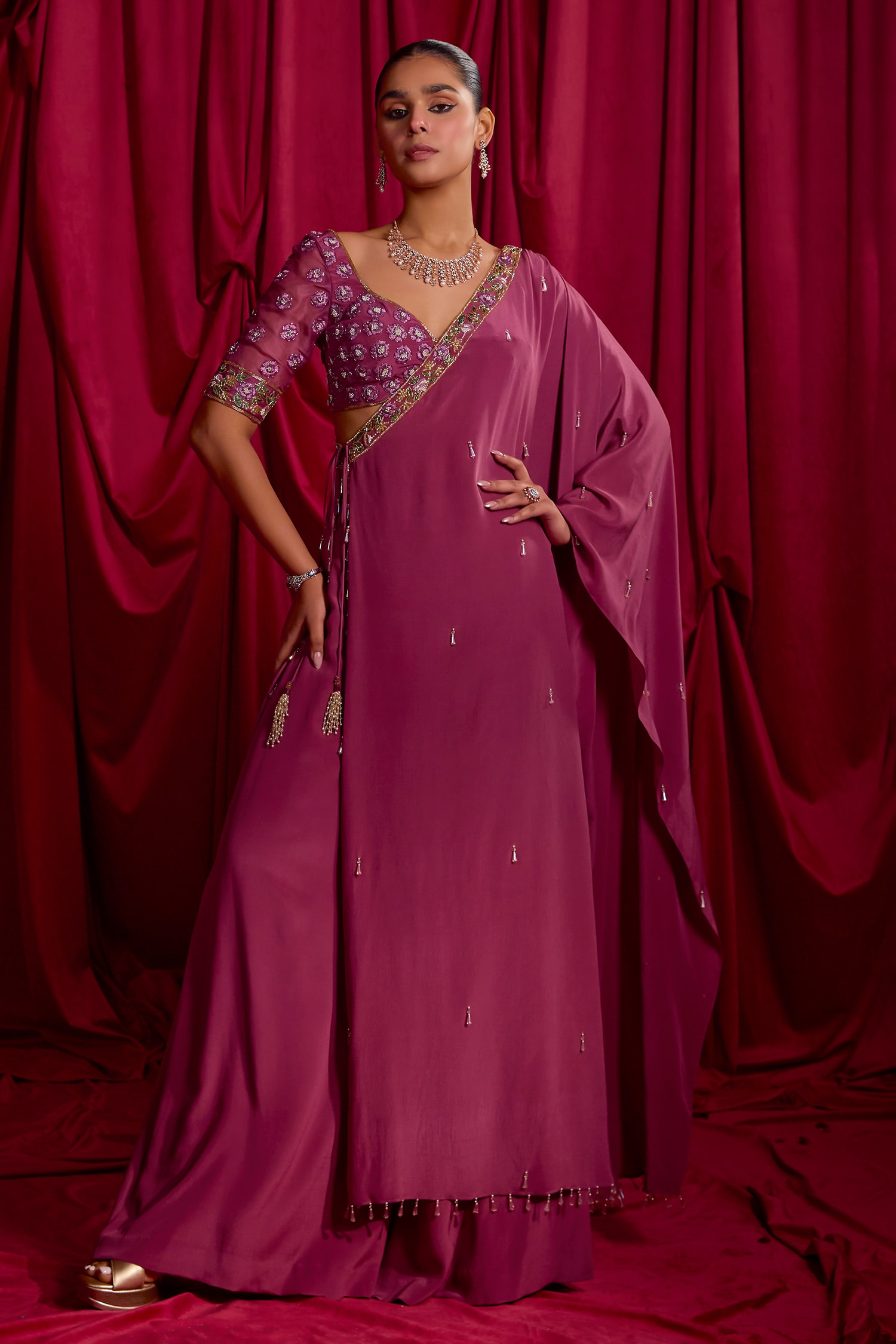 Buy Purple Pure Crepe Embroidered Aarani Tasseled Cape And Palazzo Set ...