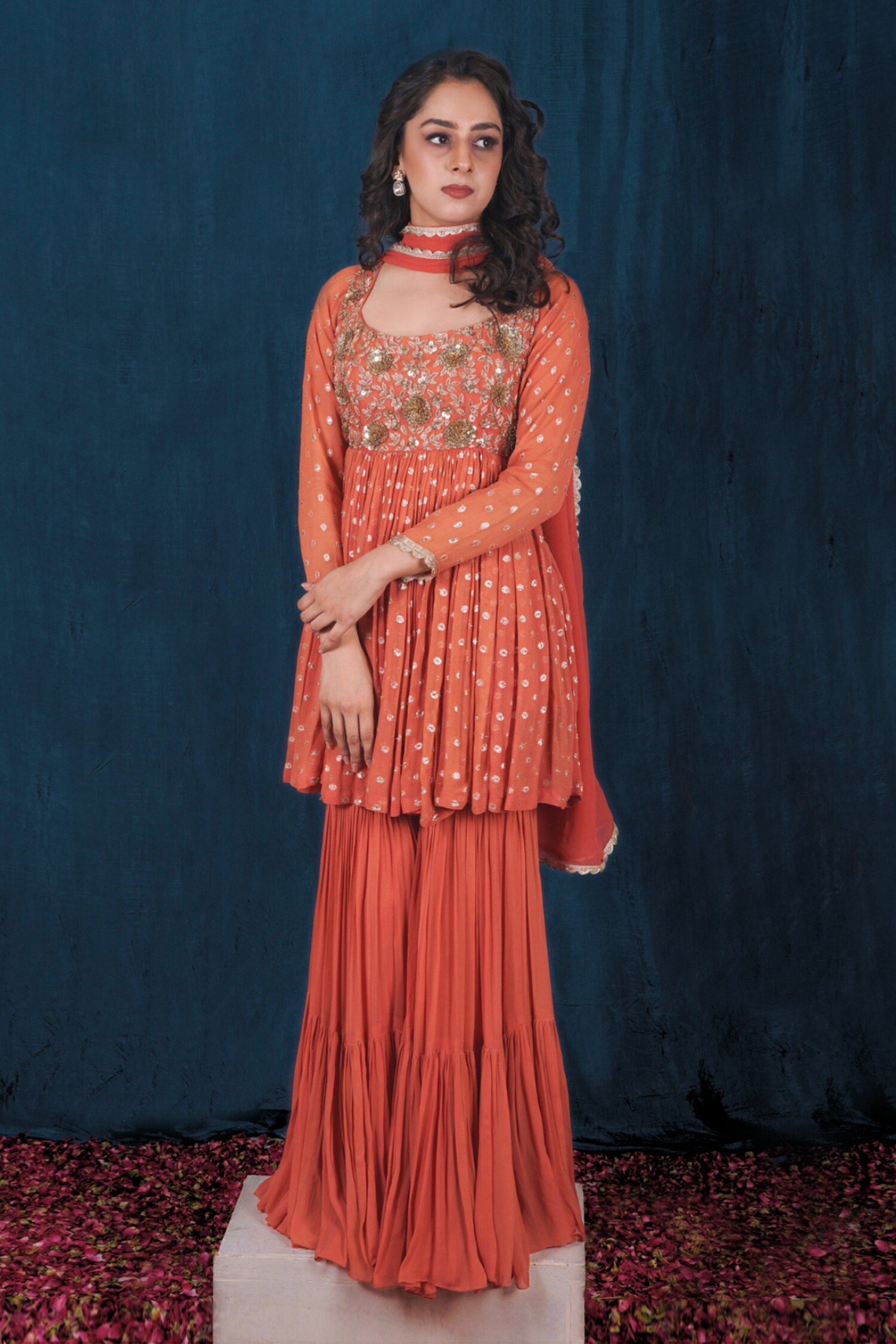 Buy Orange Kurta Banarasi Georgette Embroidery Dabka Round Neck Hand ...