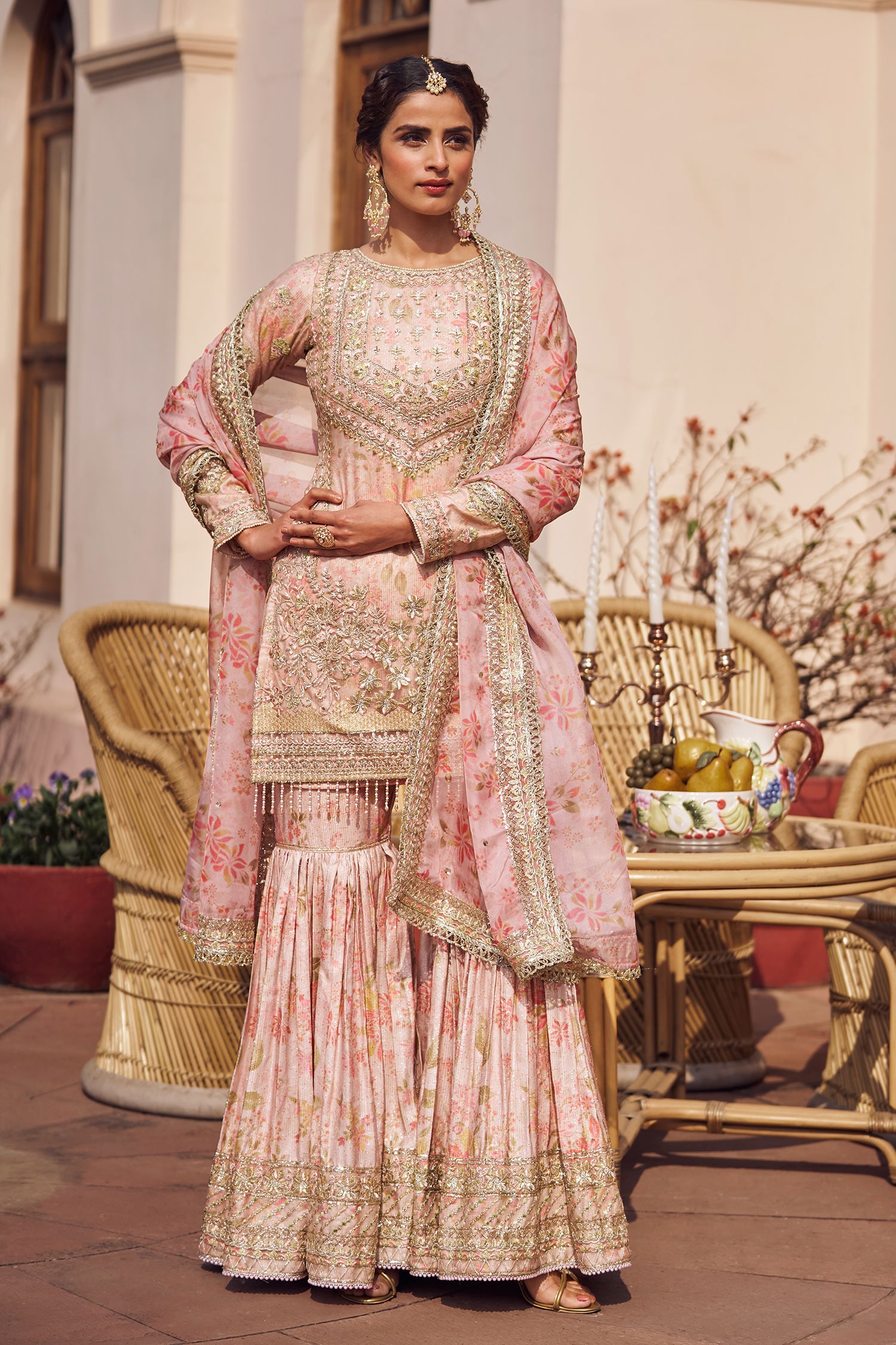 Buy Pink Silk Embroidery Zari Round Neck Floral Sequin Kurta Sharara Set For Women by LASHKARAA ...