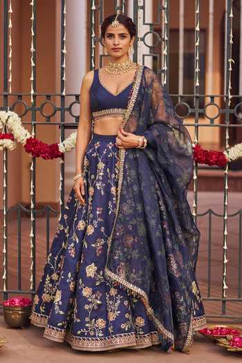 Buy Blue Silk Embroidery Floral V Neck Flower Vine Lehenga Set For ...
