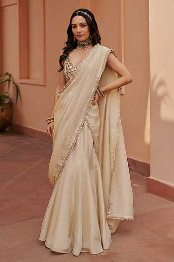 Buy Ivory Tissue Embroidery Pearl Scallop V Neck Lehenga Saree With ...