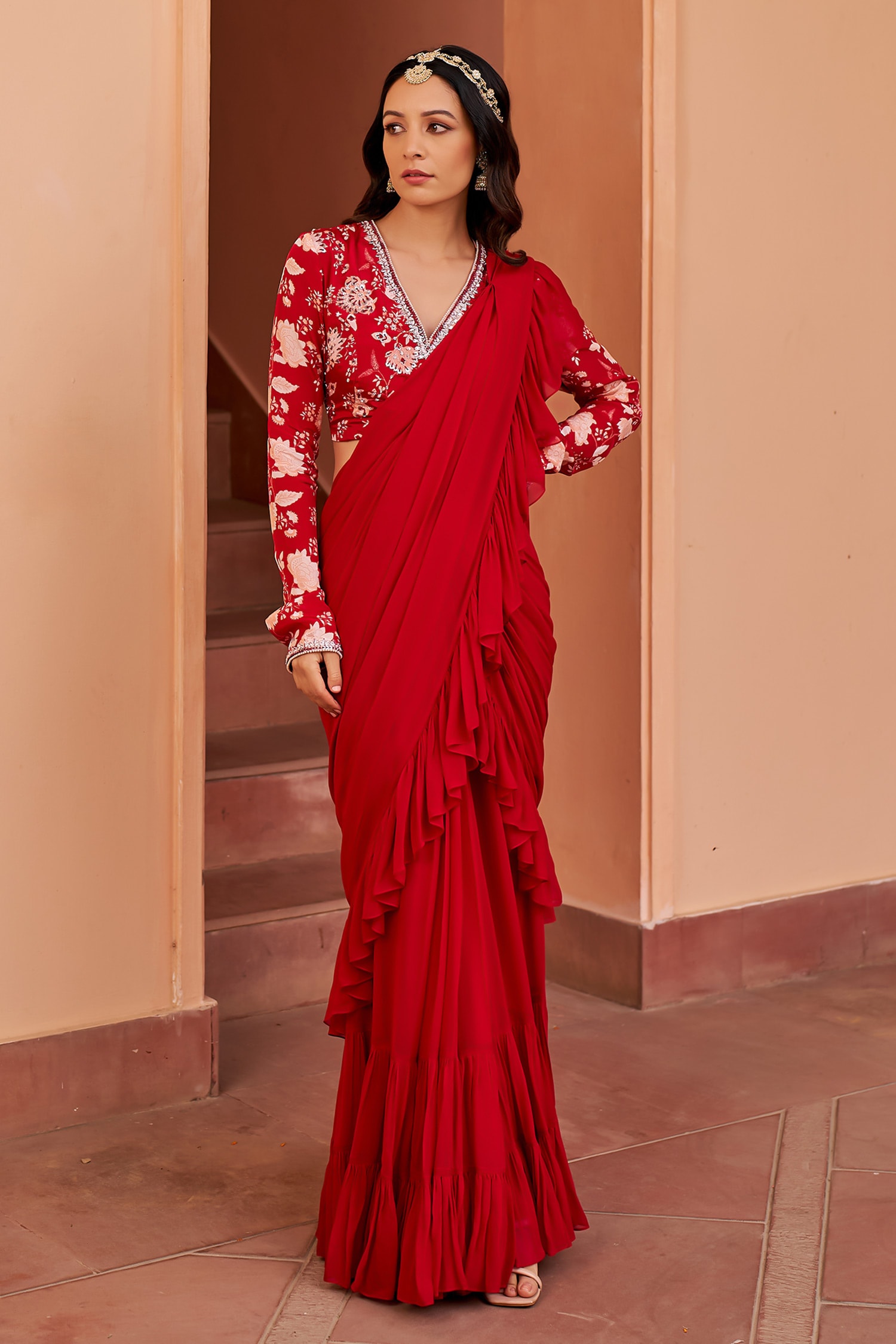 Buy Red Crepe Printed Floral Solid Ruffle Pre-draped Saree With Blouse ...