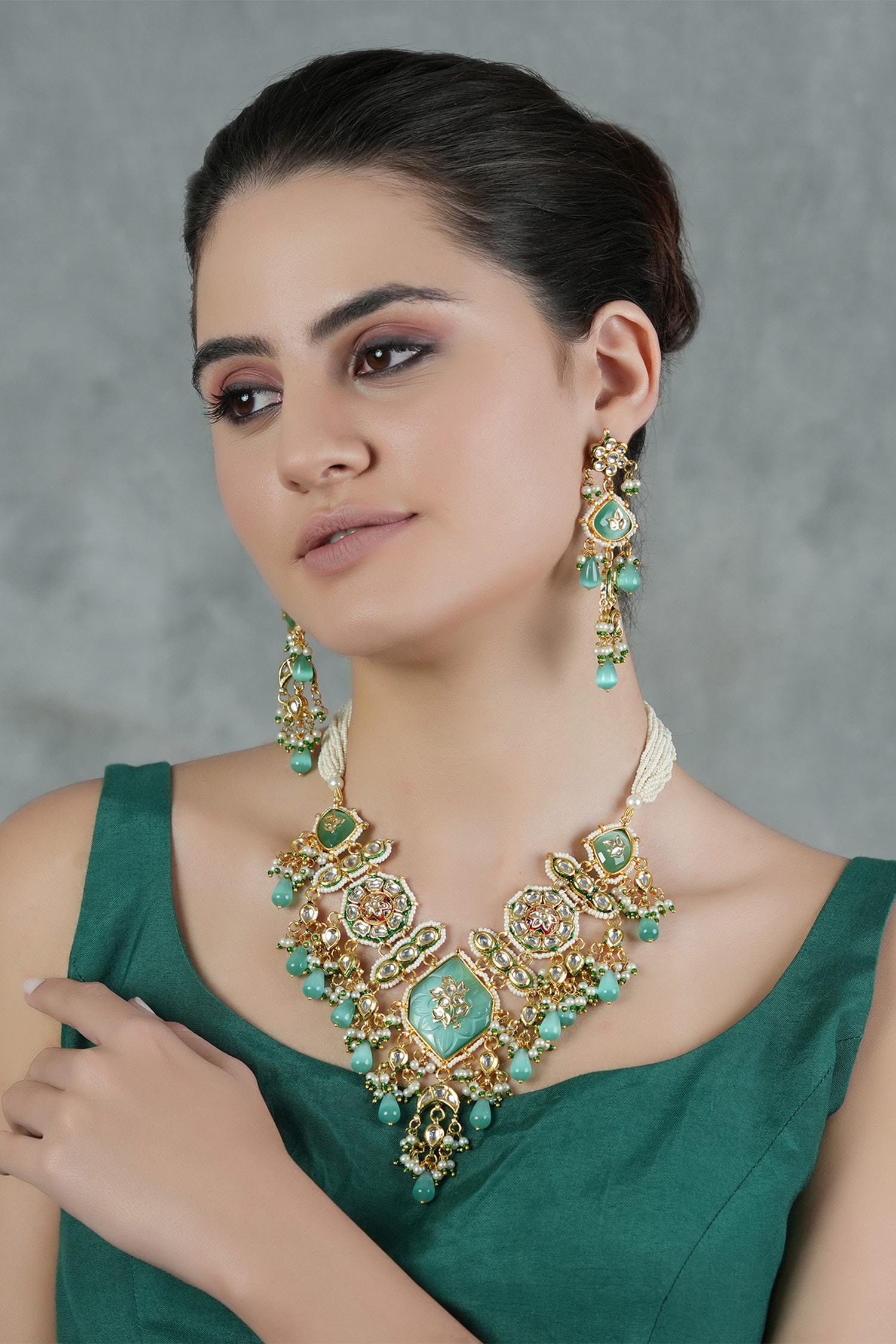 Buy Green Kundan Azure Fleur And Polki Studded Jewellery Set by Chhavi ...