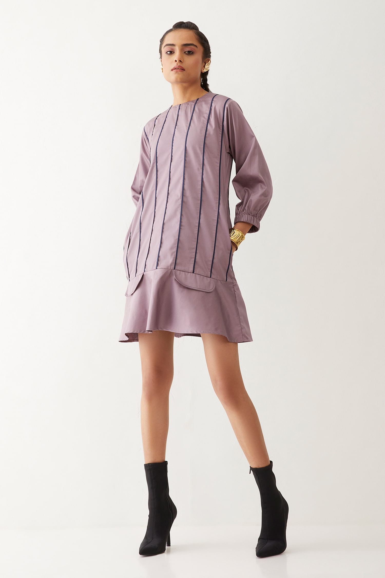 Buy Purple Cotton Satin Piping Round Luka Pattern Dress For Women by ...