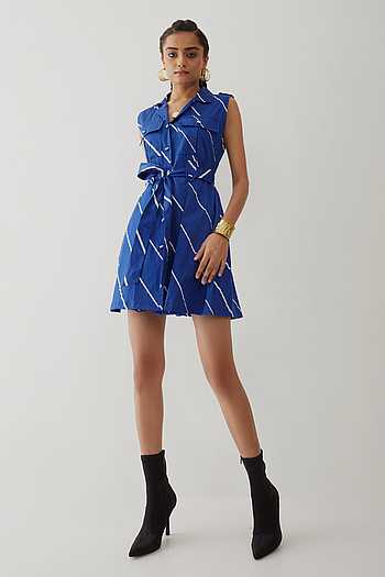 Buy Blue Cotton Satin Printed Bias Collar Cici Dress For Women by Son ...