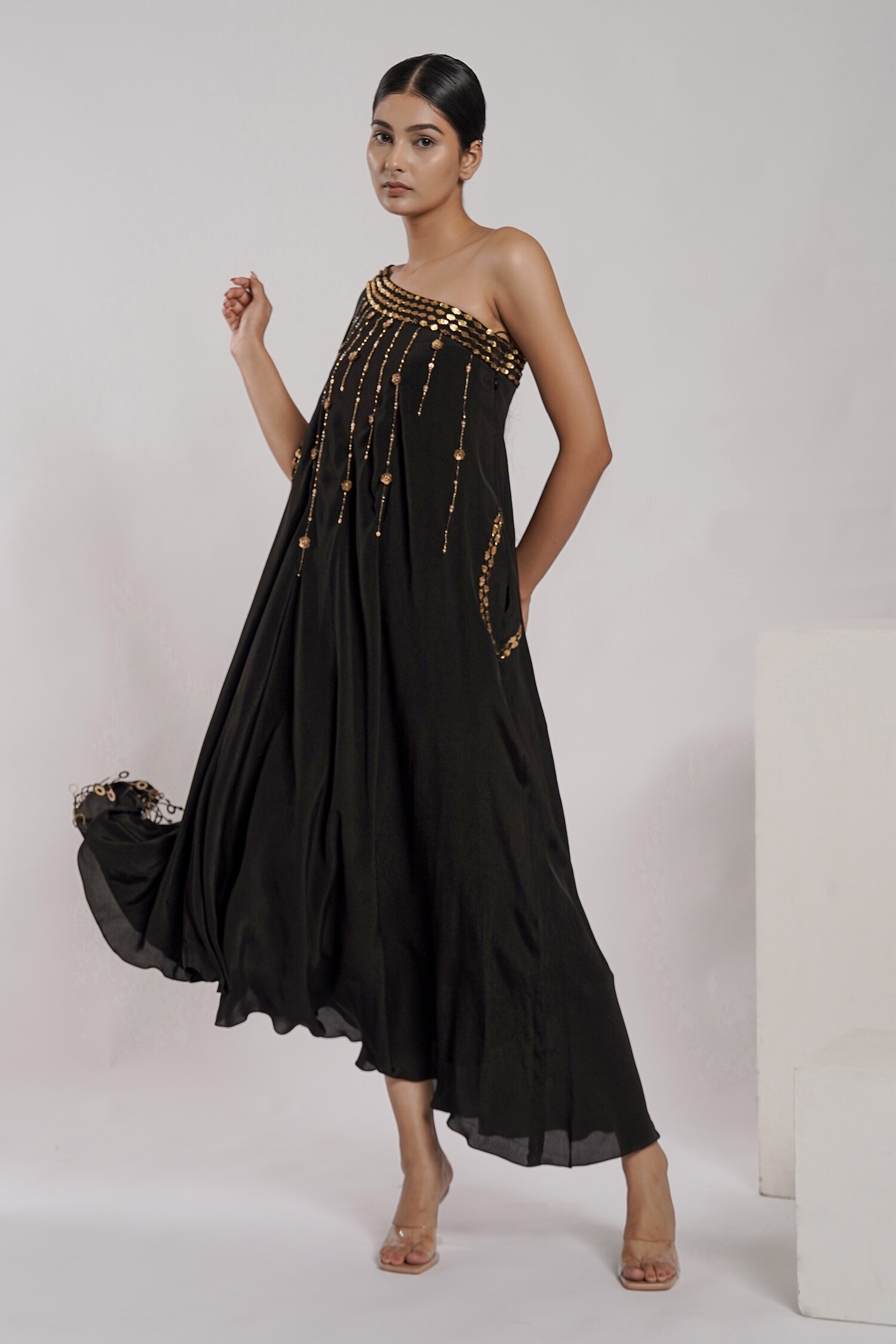 Buy Black Indian Crepe Hand Embroidered Floral Anti-fit Flowy Dress For ...