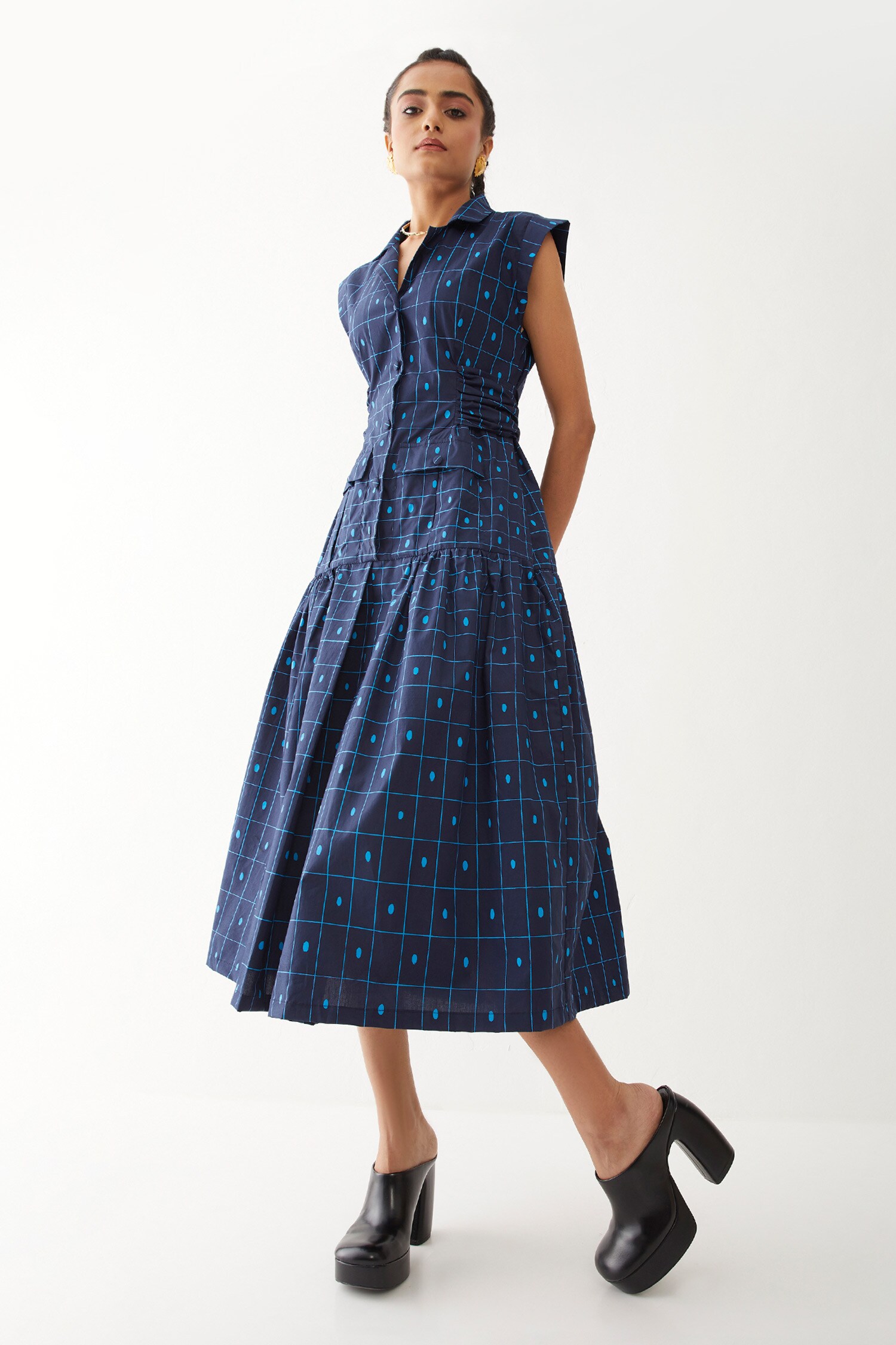 Buy Blue Cotton Poplin Printed Checkered Collar Agnes Dress For Women ...