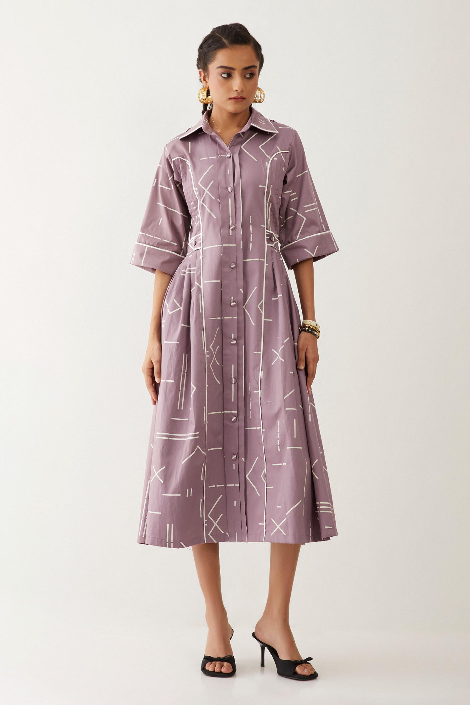 Buy Purple Cotton Satin Printed Geometric Collar Amerlia Dress For ...