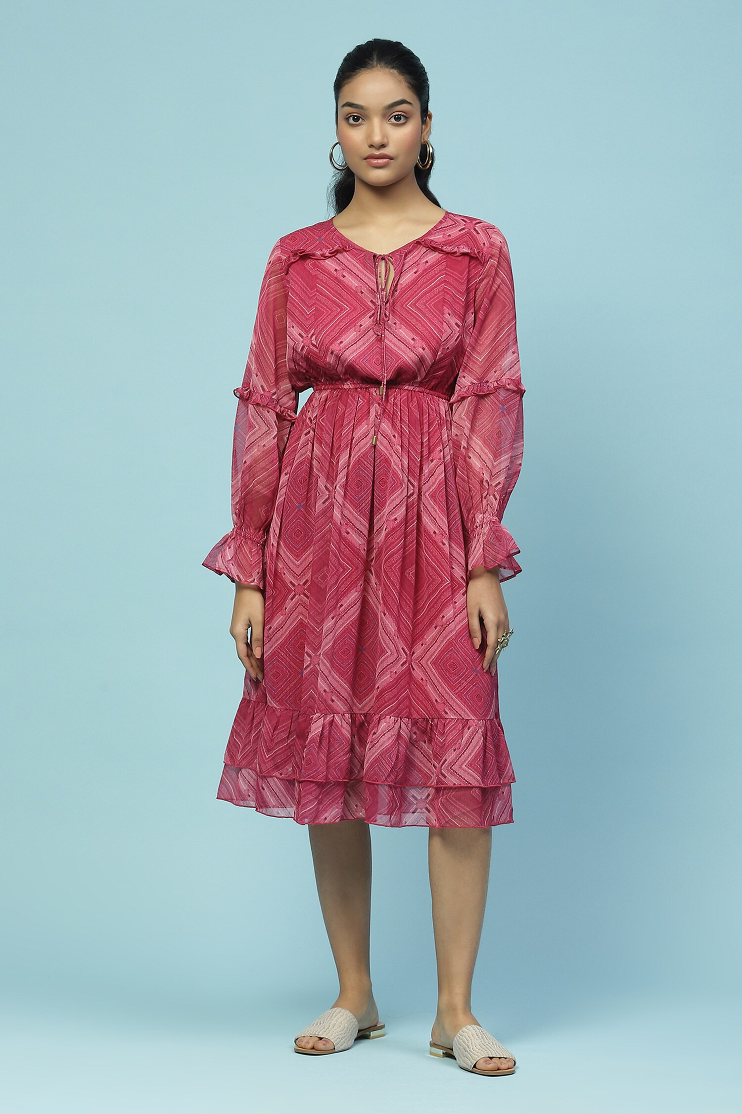Buy Pink Recycle Chiffon Print Diamond Ripple Soft V Sitashi Midi Dress ...