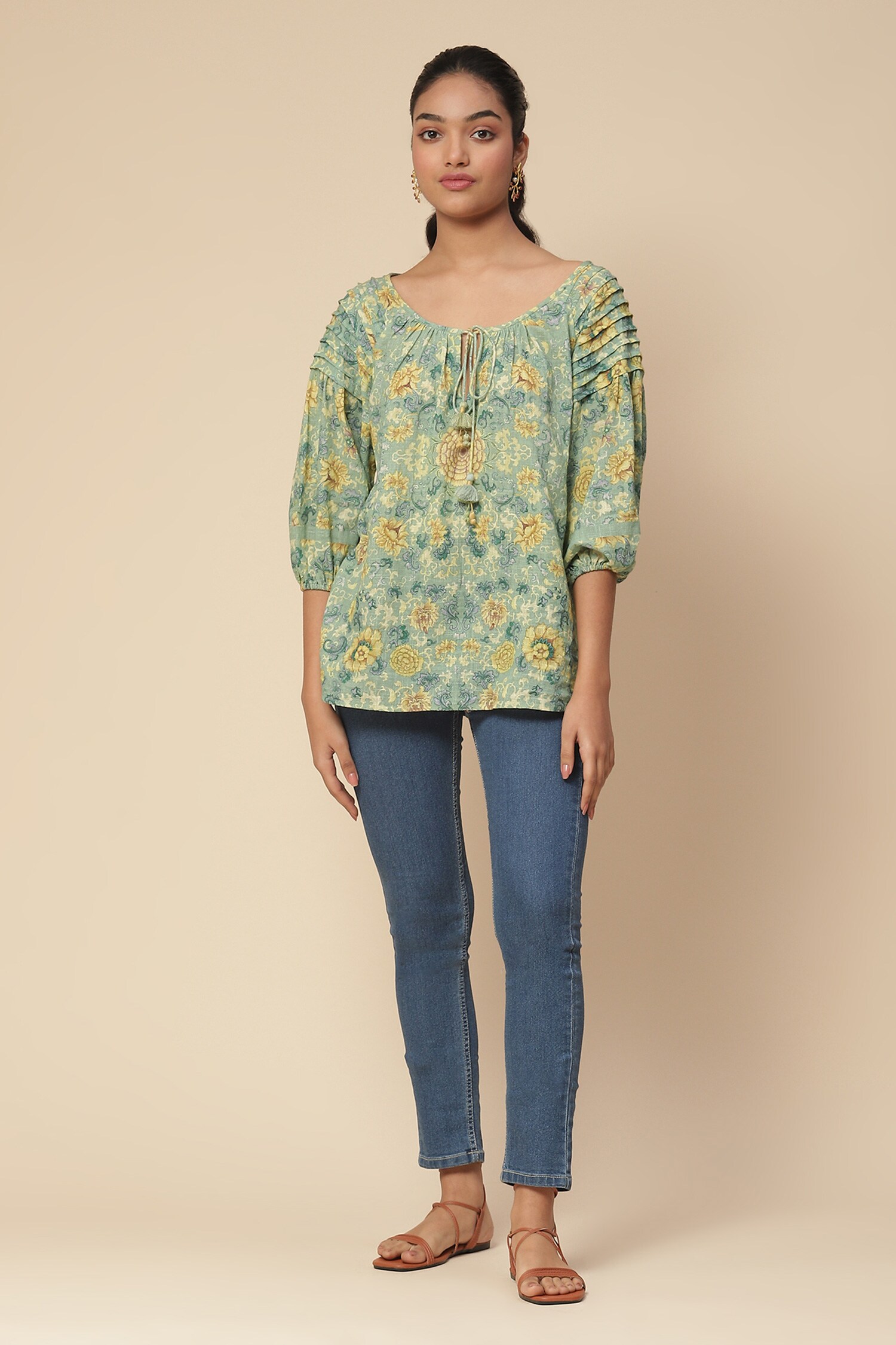 Buy Green Cotton Slub Print Tutti Fruti Round Neck Floral Top For Women ...