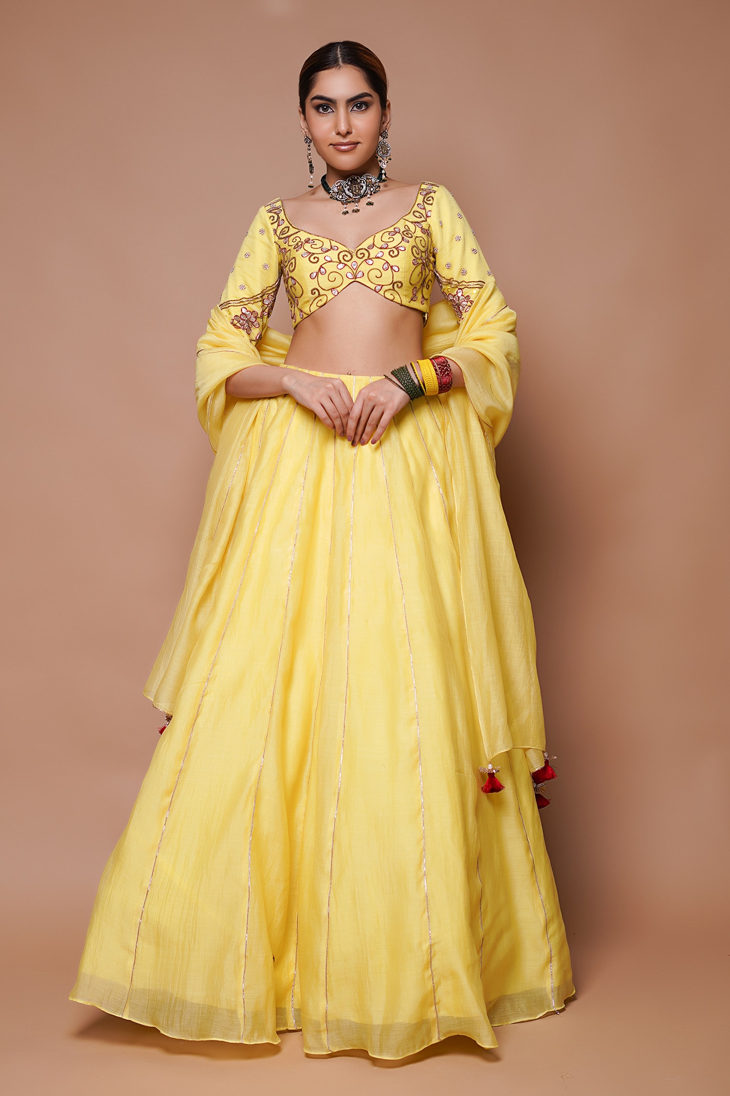 Buy Yellow Chanderi Silk Astral Gota Ray Embellished Lehenga Set For ...