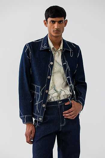 Buy Blue Denim Embroidered Thread Warrior Jacket For Men by Countrymade ...