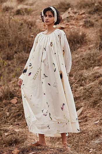 Buy Off White Cotton Mul Printed Floral Scattered Round Gul Dress For ...