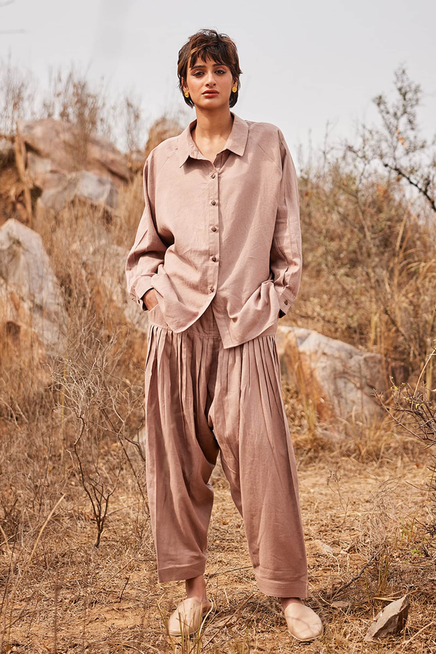 Buy Brown Linen Solid Collar Dune Shirt And Salwar Pant Co-ord Set For ...