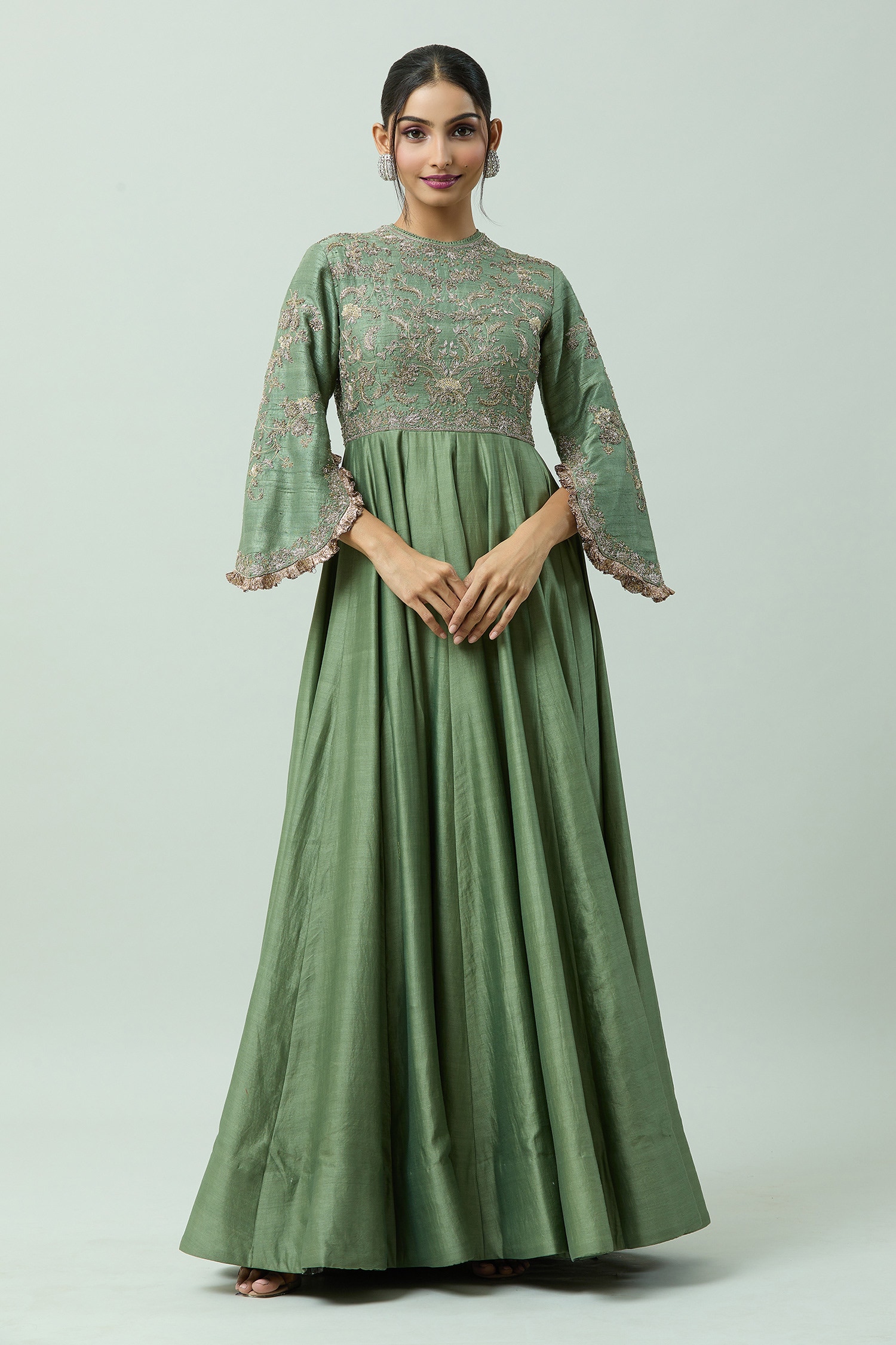 Buy Green Chanderi Hand Embroidery Floral Round Neck Bodice Anarkali ...