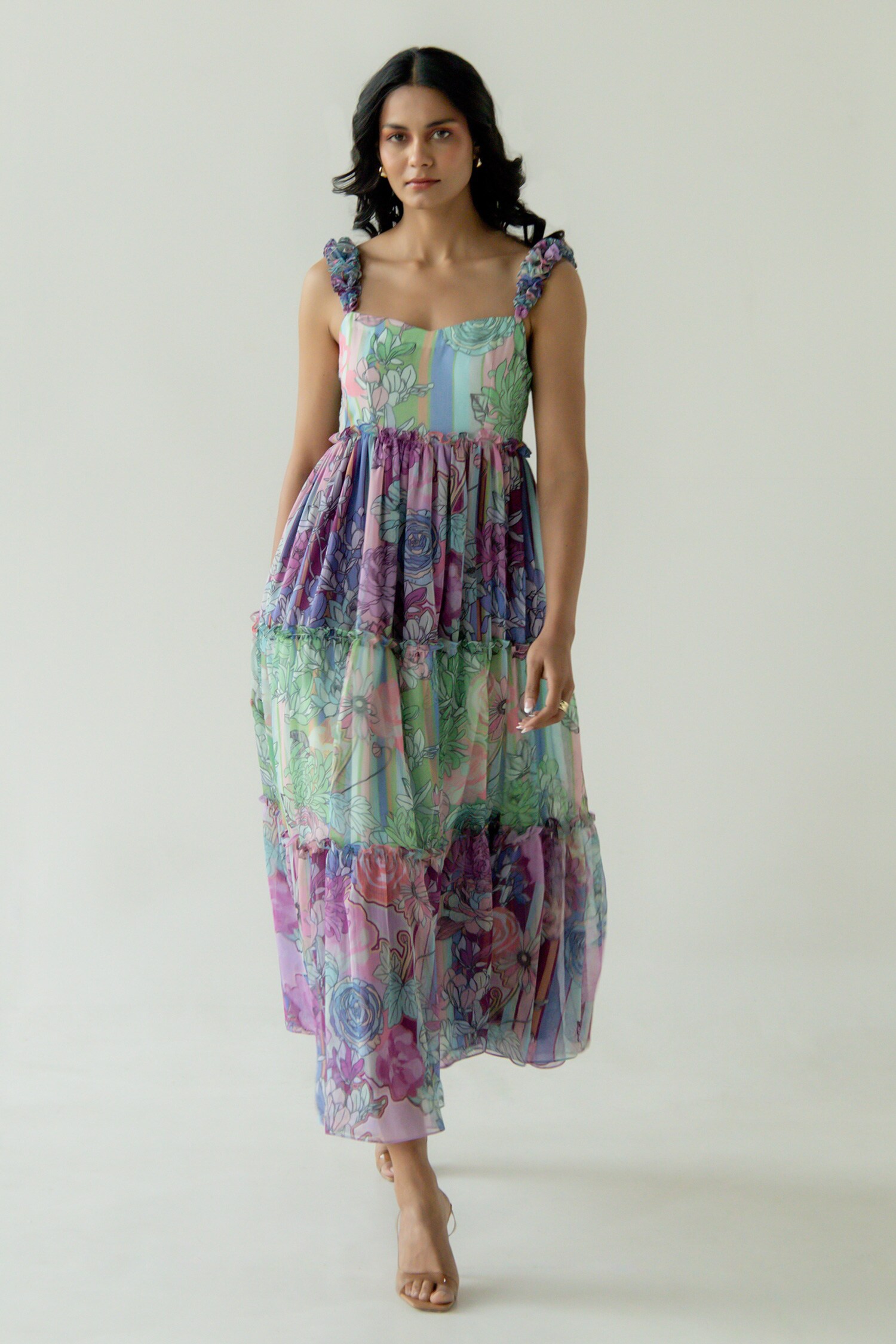 Buy Green Recycled Chiffon Printed Fern And Fay Cassie & Tiered Dress ...
