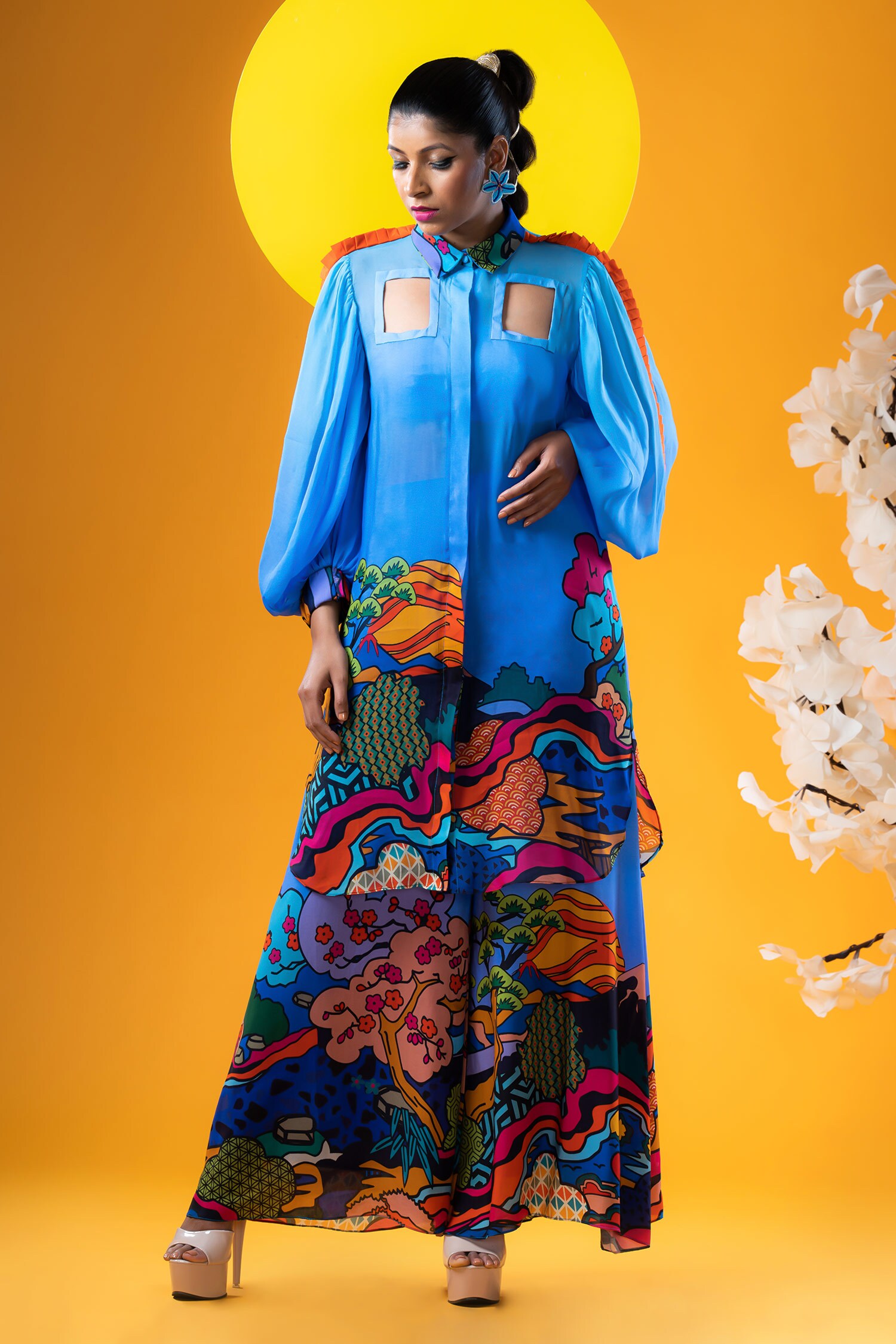 Buy Blue Tunic Organza Printed Japanese Scenic Shirt Collar With ...