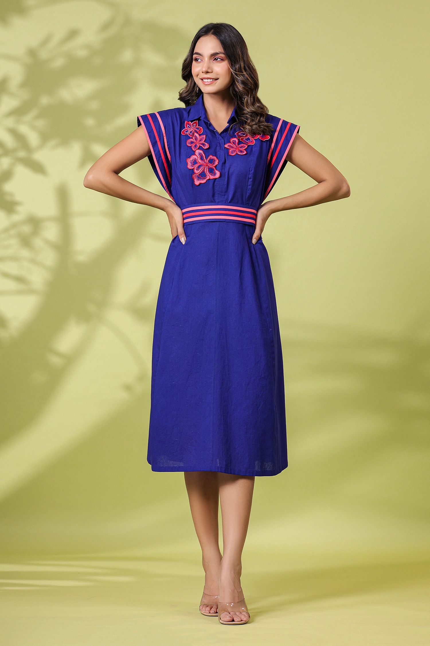 Buy Blue Cotton Embroidered Resham Thread Collar Dress With Belt For ...
