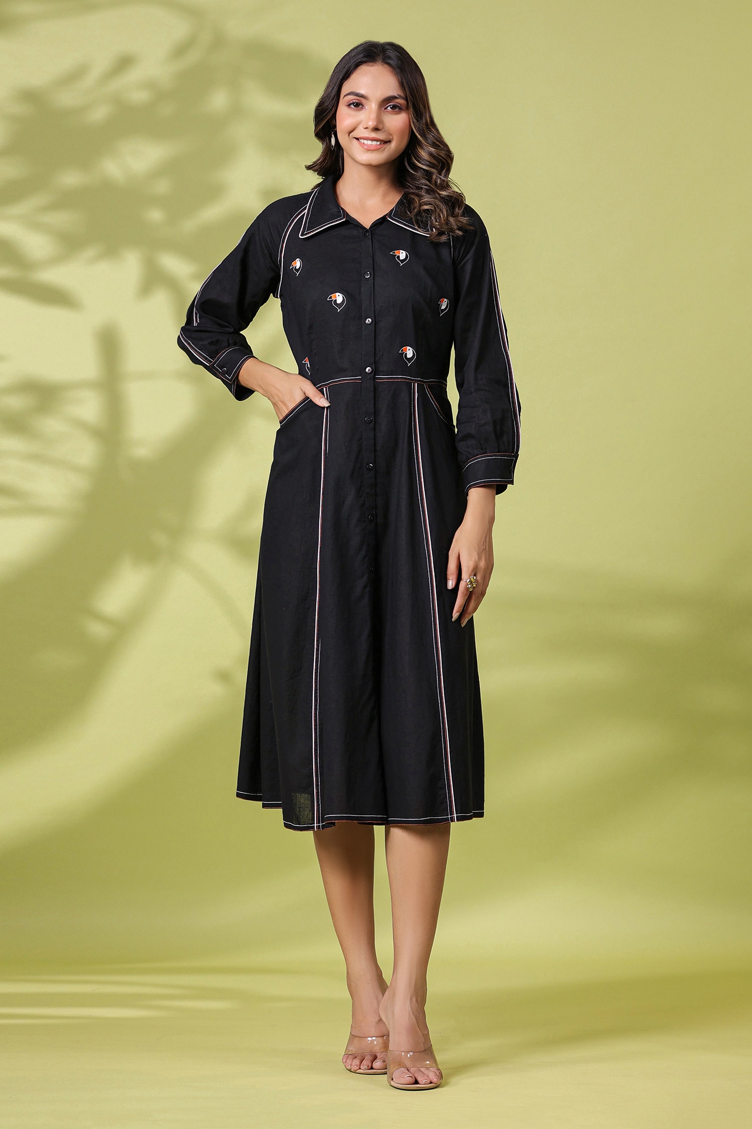 Buy Black Cotton Embroidered Resham Thread Collar Midi Dress For Women ...