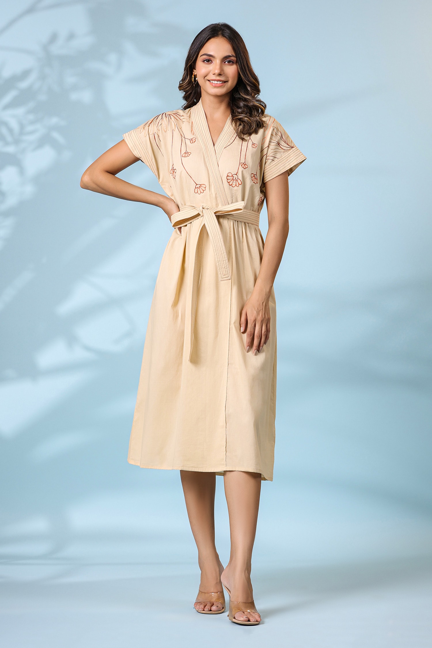 Buy Beige Cotton Embroidered Resham Thread V Neck Dress With Belt For ...