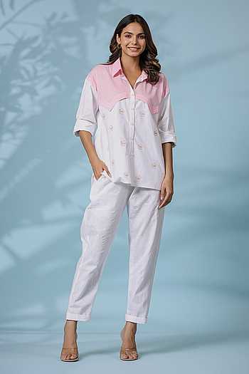 Buy Pink Cotton Embroidered Resham Thread Collar Shirt And Pant Set For ...