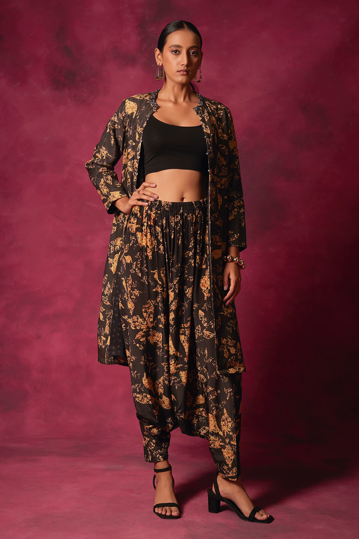 Buy Black Natural Crepe Print Floral Abstract Zouave Cowl Pant For ...