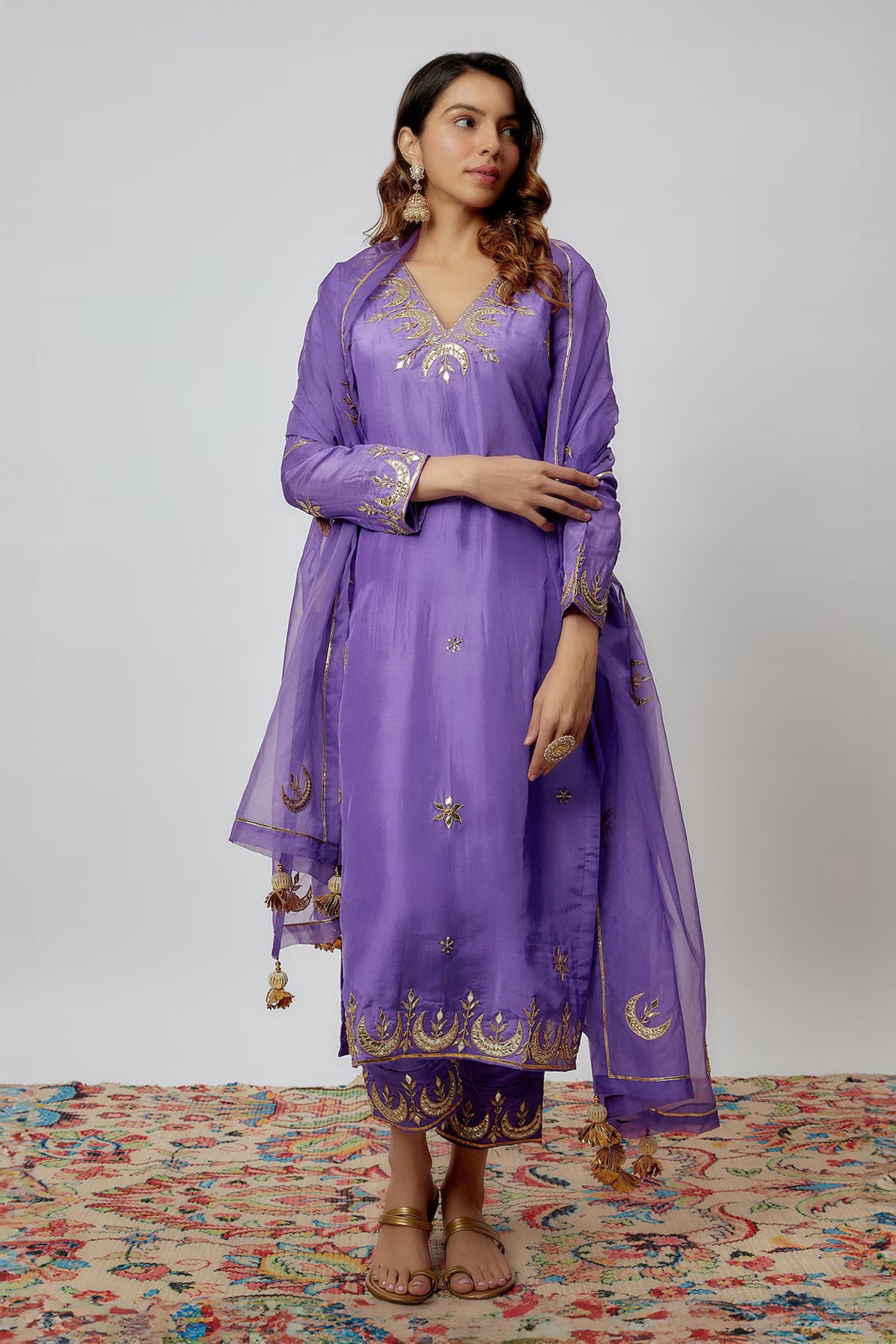 Buy Purple Kurta And Pant Pure Spun Silk Hand Embroidered Moon V Neck ...