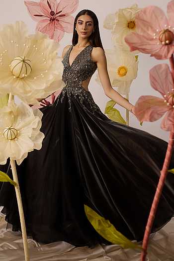 Buy Black Organza Embroidery Beads Plunging V Neck Daffodil Clerest ...