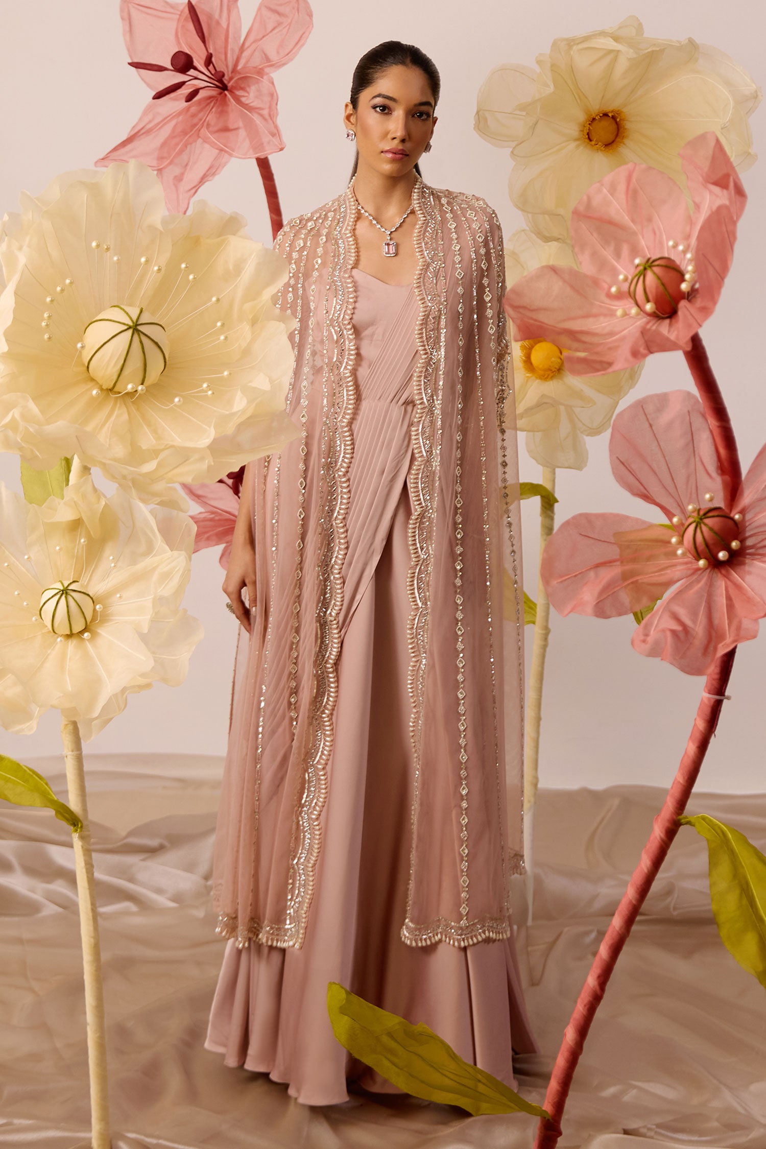Buy Pink Cape Net Embroidery Lobelia Spectra With Pleated Drape Gown ...