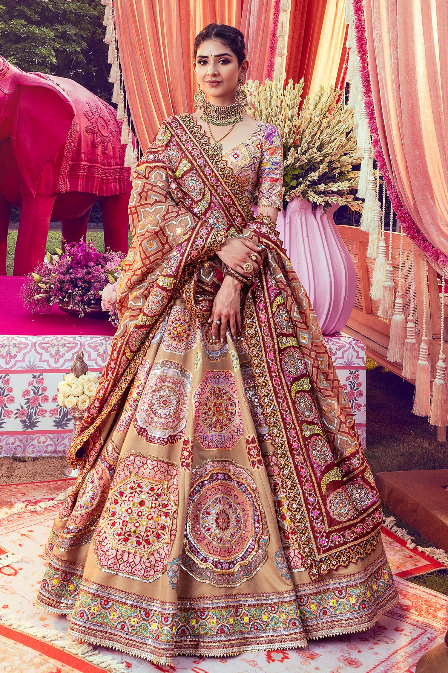 Buy Gold Silk Embellished Mandala Floral Pattern Bridal Lehenga Set For ...
