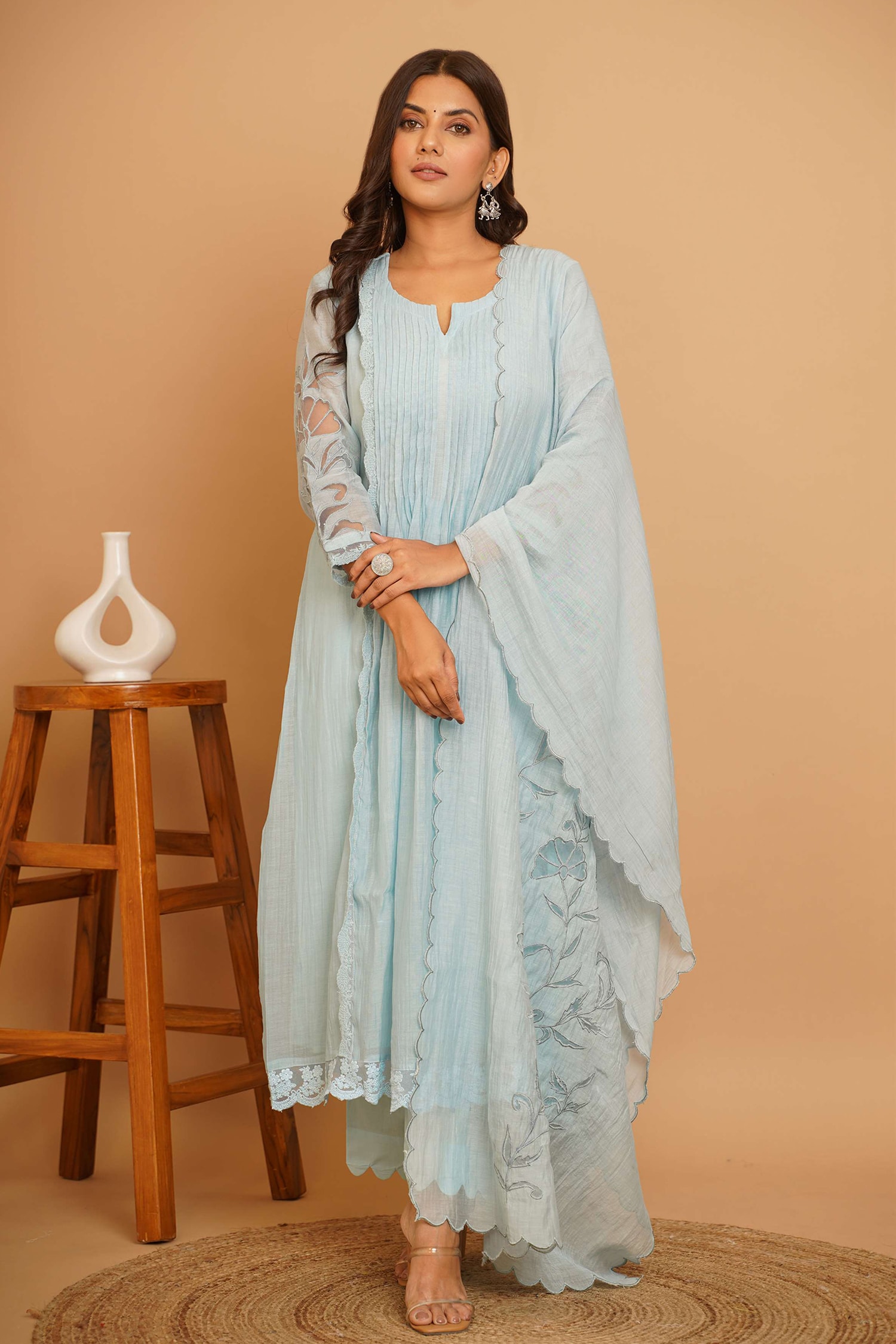 Buy Blue Handloom Chanderi Cutwork Phool Garden Notched Round Anarkali ...