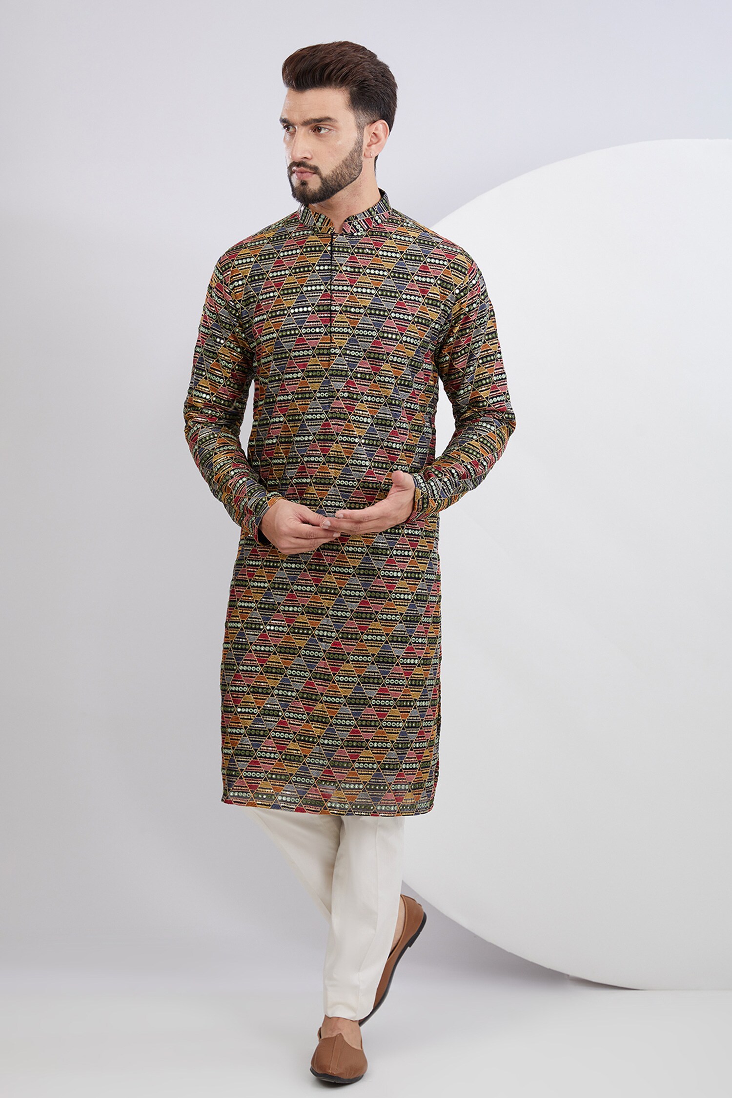 Buy Multi Color Georgette Embroidered Thread Geometric Kurta For Men by ...
