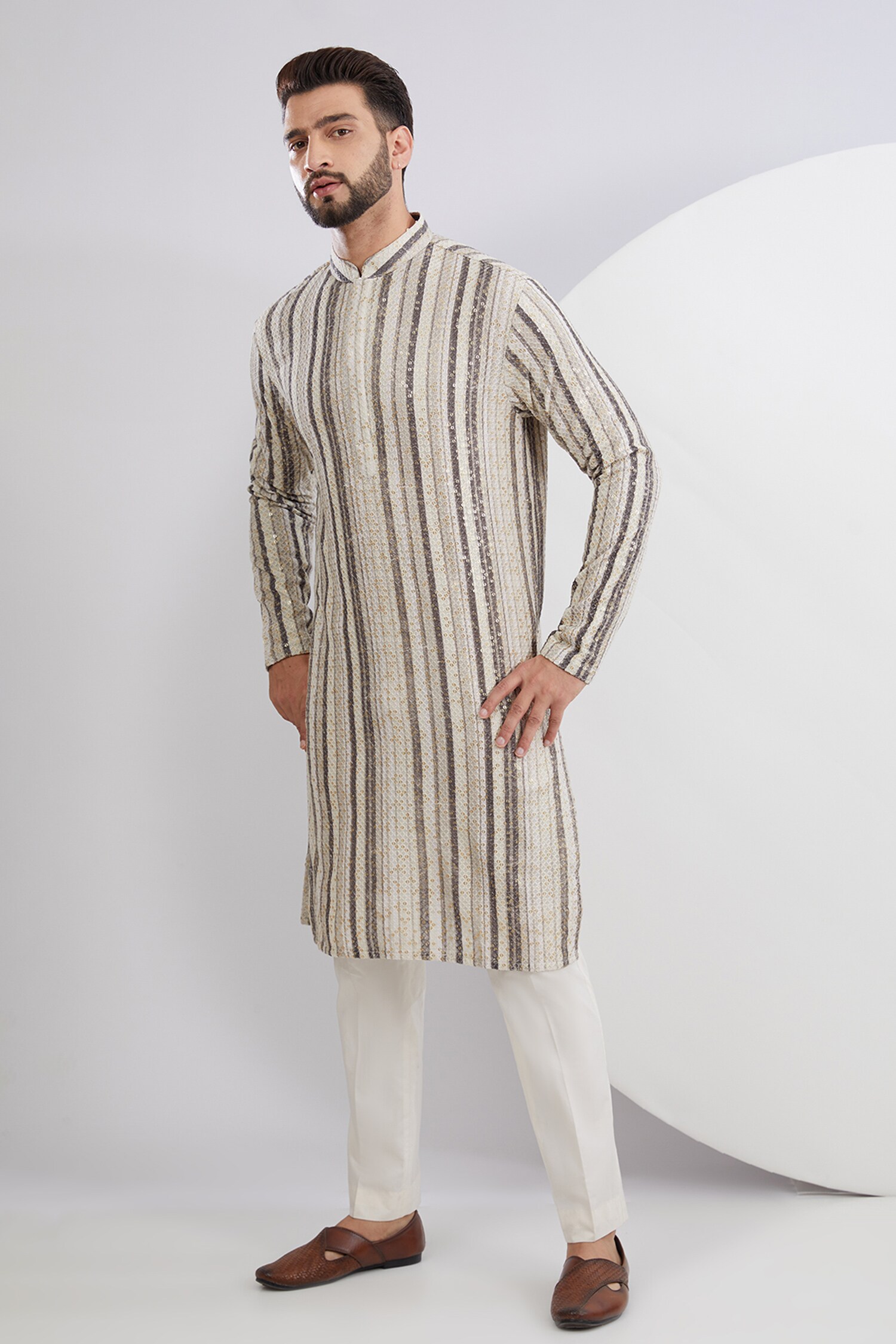 Buy Multi Color Georgette Printed Thread Stripe Kurta For Men by Kasbah ...