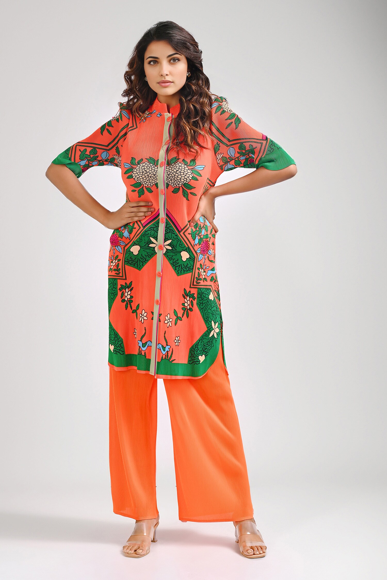 Buy Orange 100% Polyester Printed Floral Mandarin Nile Tunic With Pant ...