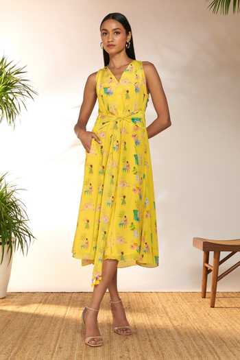Buy Yellow Crepe Silk Printed Jam And Toast V Neck & Midi Dress For ...