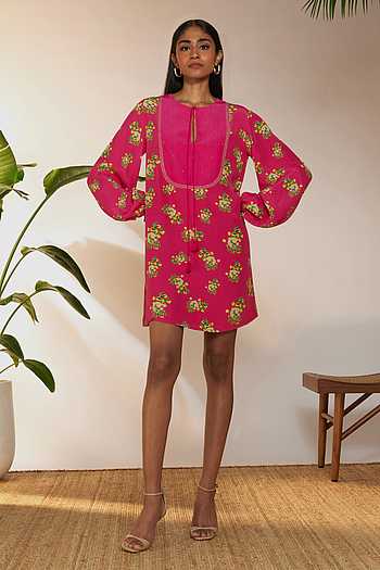 Buy Pink Crepe Silk Printed Lemon Frenzy Round Tie-up Mini Dress For ...