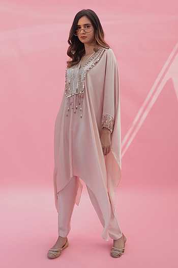 Buy Pink Satin Vegan Embroidered Sequin V Neck Mish Kaftan With Pant ...