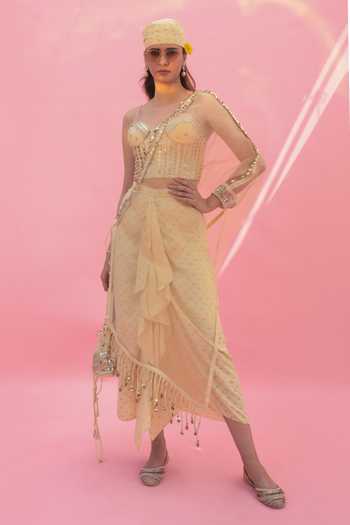 Buy Yellow Corset And Skirt Satin Vegan Embroidered Yami Set With Cape ...