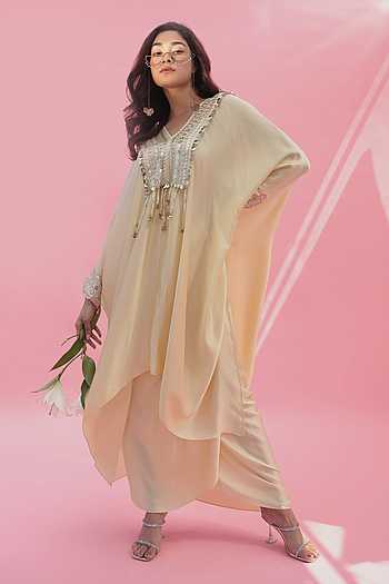 Buy Yellow Satin Vegan Embroidered Sequin V Mish Kaftan With Wrap Skirt ...