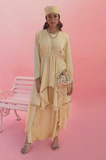 Buy Yellow Satin Vegan Embroidered Sequin Saakura Tunic With Dhoti ...