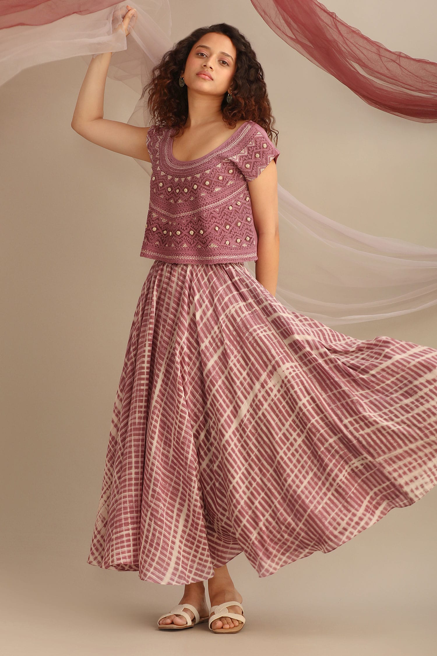 Buy Purple Cotton Silk Hand Crop Top And Printed Circular Skirt Set For ...