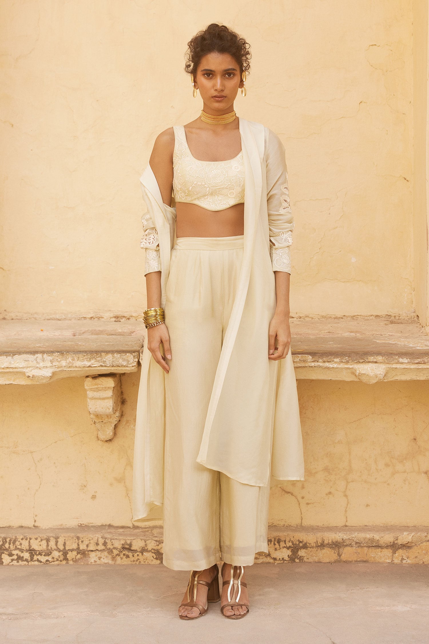 Buy Ivory Silk Organza Embroidery Floral Flower Cutwork Trouser Set For ...