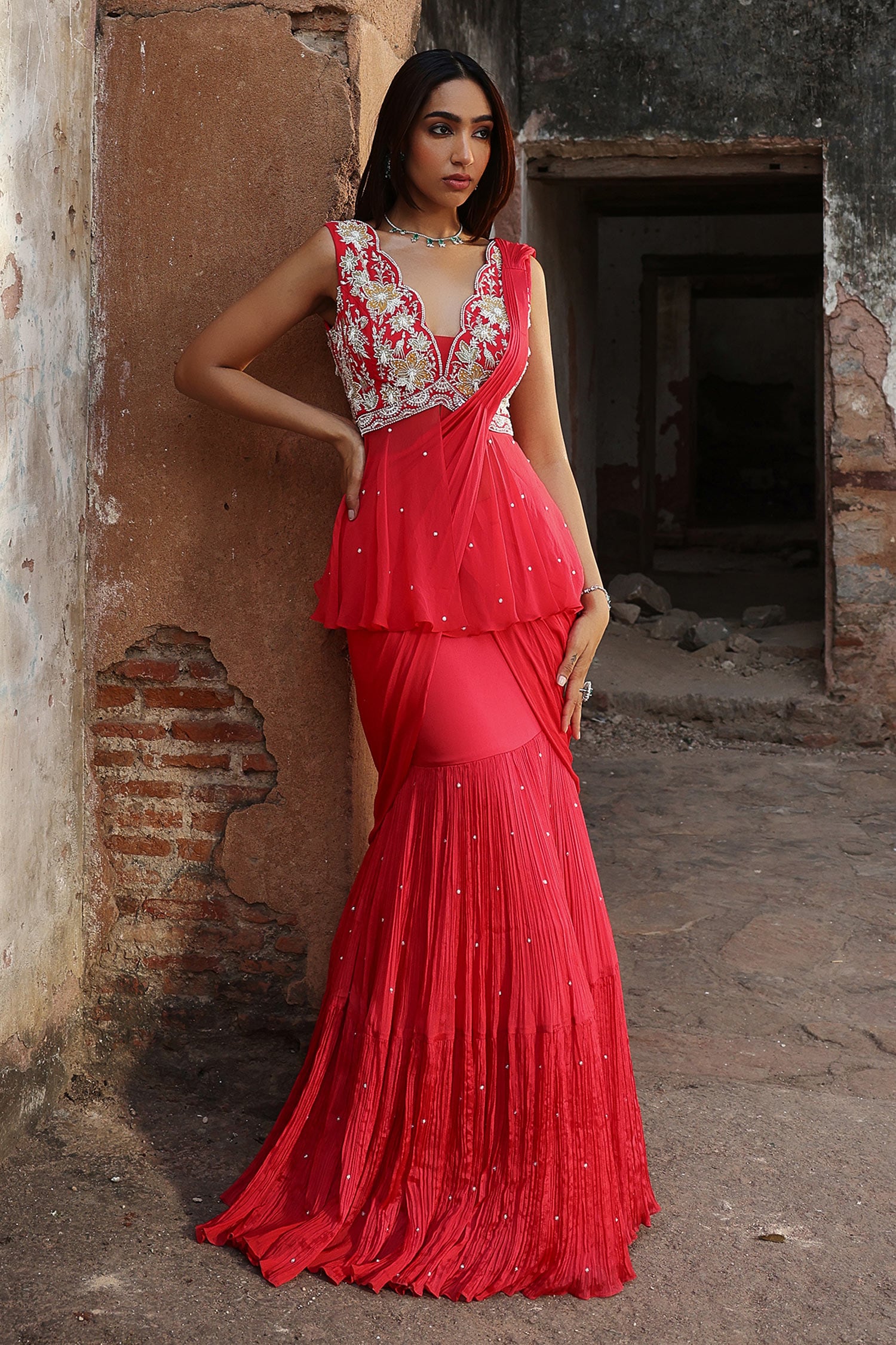 Buy Coral Peplum Nikita Embellished Pre-stitched Mermaid Saree With For ...