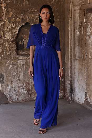 Buy Blue Georgette Embroidered Bead V-neck Audrey Overlap Panel ...