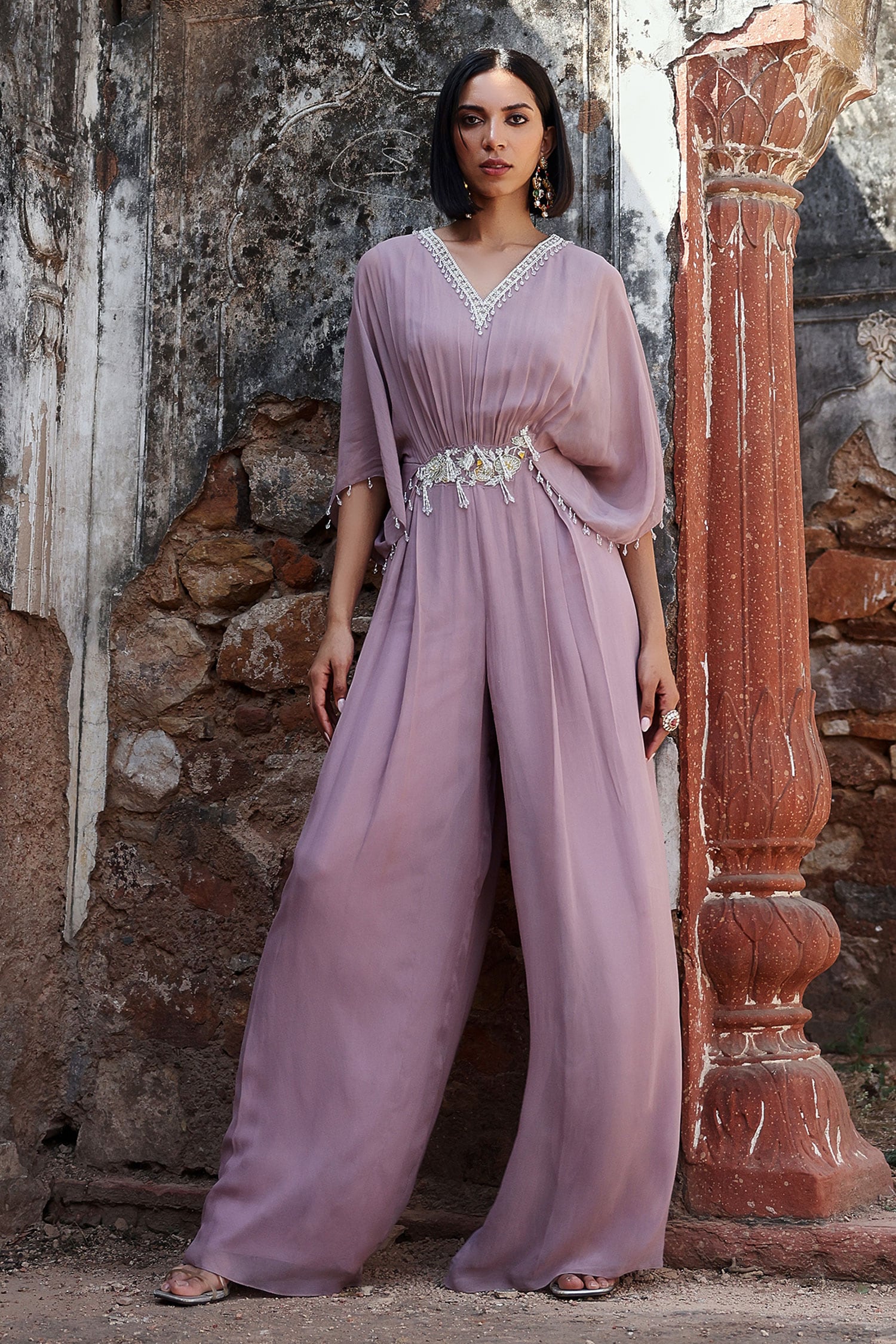 Buy Purple Georgette Embroidered Bead V-neck Shea Draped Jumpsuit For ...