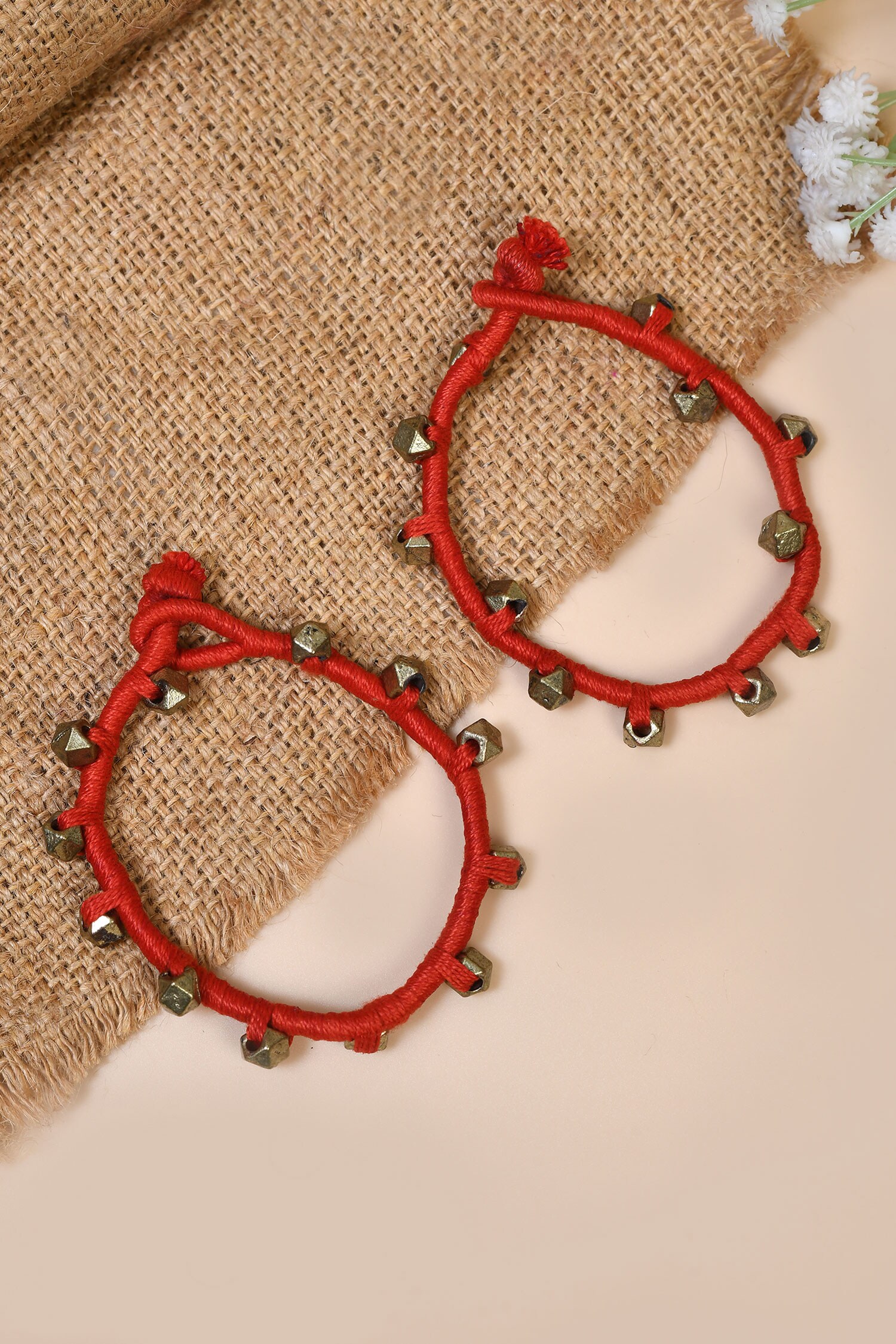 Buy Red Beads Quad Embellished Thread Anklets Set Of 2 by Nayaab by ...