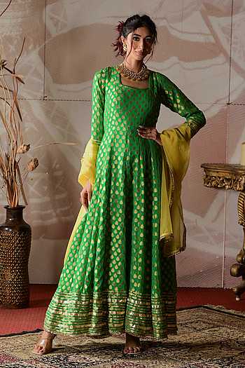 Buy Green Anarkali Banarasi Georgette Embroidered Gota Churidar Set For ...