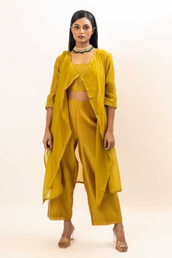 Buy Yellow Silk Chanderi Printed Dotted Round Longline Jacket Pant Set ...